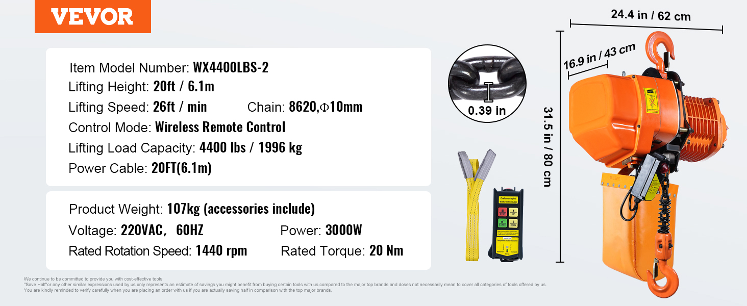 VEVOR 2 Ton Wireless Electric Chain Hoist, 4400 LBS Capacity with 20 FT ...