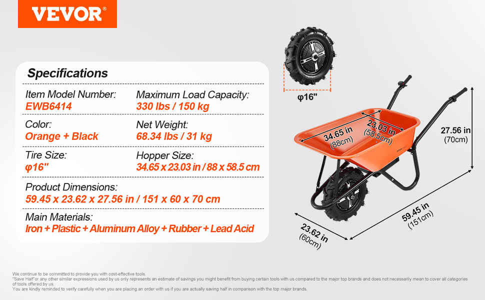 VEVOR Electric Wheelbarrow Cart, 500W Powered Utility Garden Wagon Dump ...