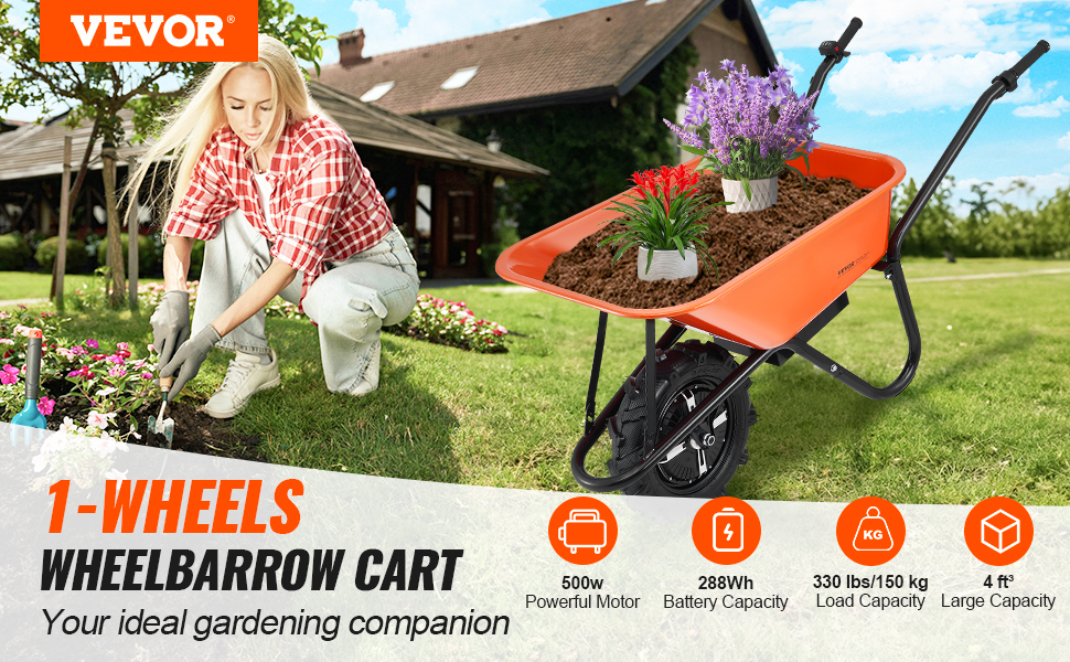 VEVOR Electric Wheelbarrow Cart, 500W Powered Utility Garden Wagon Dump ...