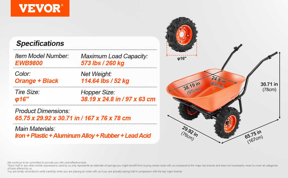 VEVOR Electric Wheelbarrow Cart One Wheel 7 Cu Ft Powered Dump Cart 573 ...