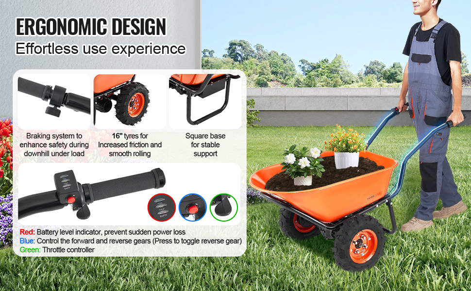 VEVOR Electric Wheelbarrow Cart One Wheel 7 Cu Ft Powered Dump Cart 573 ...