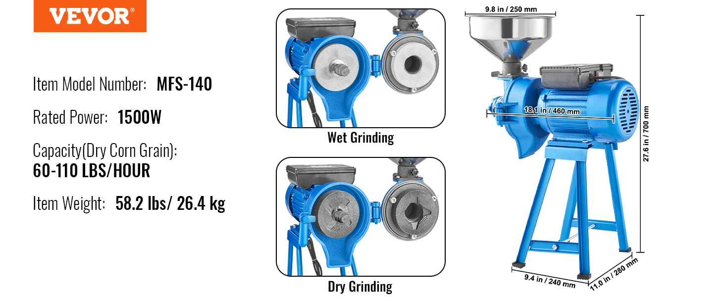 VEVOR Electric Grain Mill Grinder, 1500W 110V Spice Grinders ...