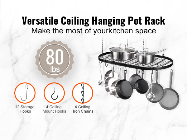 VEVOR Hanging Pot Rack, 32 inch Hanging Pot Rack Ceiling Mount, Ceiling ...
