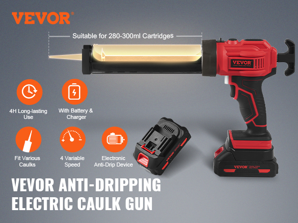 VEVOR Cordless Caulking Gun 10oz/300ml, 20V Electric Caulking Gun with ...
