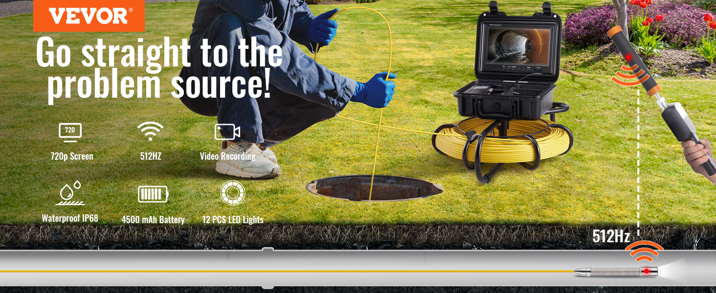 VEVOR Sewer Camera Pipe Inspection Camera w/ 512hz Sonde 9in 720p ...