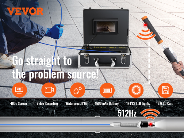 VEVOR Sewer Camera with 512Hz Locator,100 ft/30 m, 7" Pipeline ...