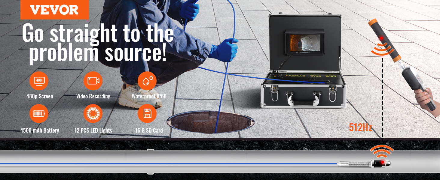 VEVOR Sewer Camera with 512Hz Locator,100 ft/30 m, 7" Pipeline ...