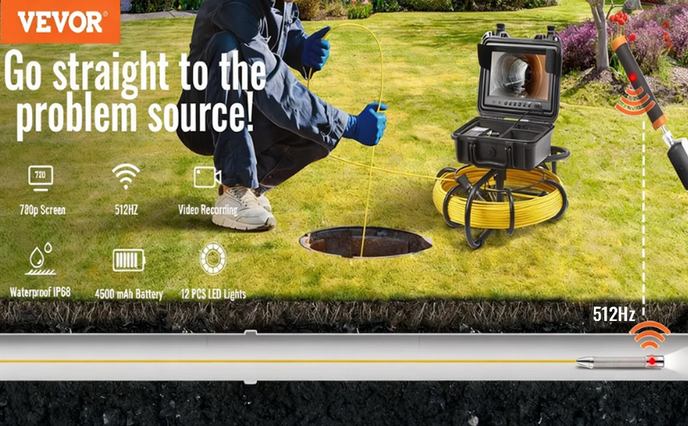 VEVOR Sewer Camera with 512Hz Locator, 165 ft/50 m, 9" Pipeline ...