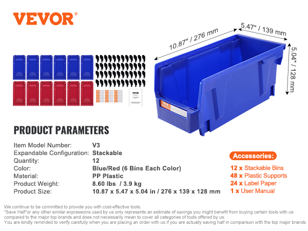 VEVOR Plastic Storage Bin, (11-Inch x 5-Inch x 5-Inch), Hanging ...