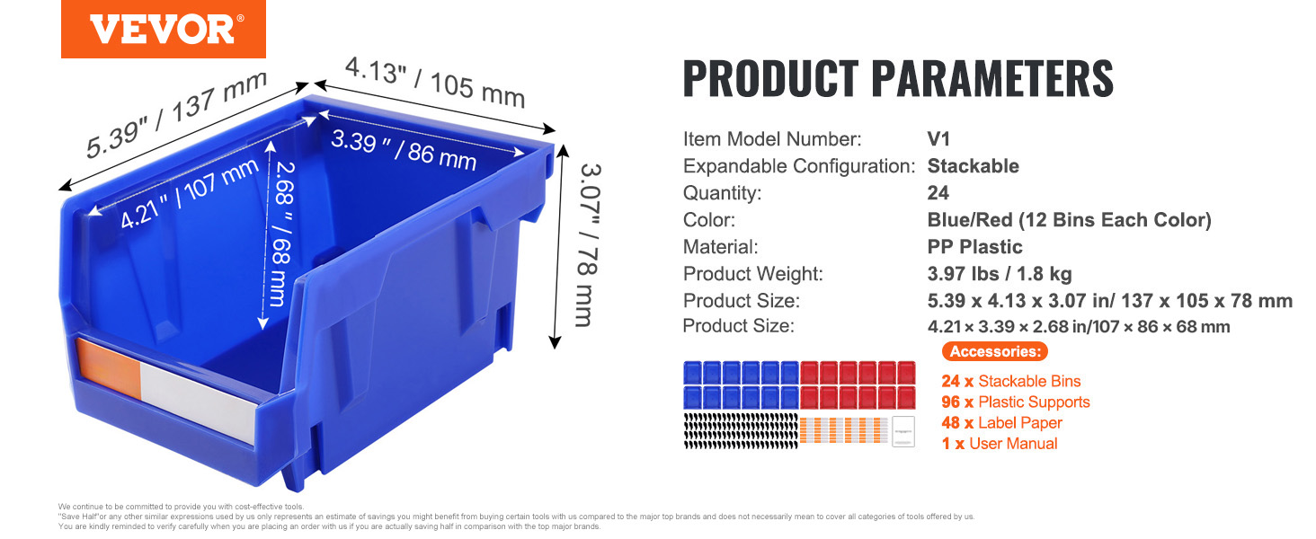VEVOR Plastic Storage Bin, (137 mm x 105 mm x 78 mm), Hanging Stackable ...