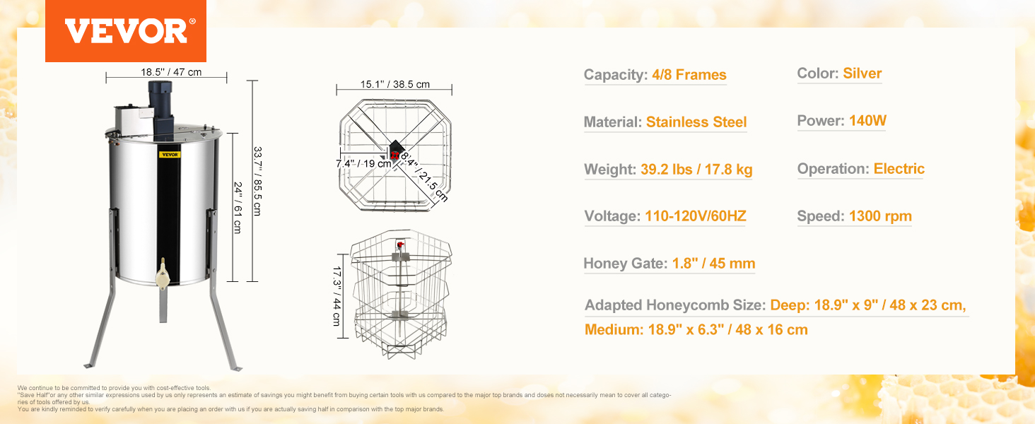 VEVOR Electric Honey Extractor, 4/8 Frames Honey Spinner Extractor ...
