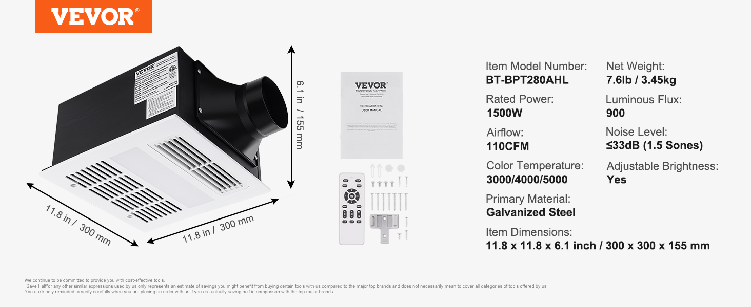 VEVOR Bathroom Exhaust Fan, 1500W Heating, 110 CFM High-Efficiency ...