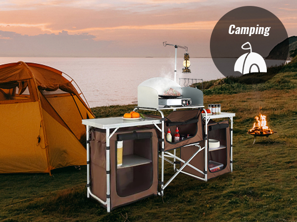 VEVOR Camping Kitchen Table, Folding Outdoor Cooking Table with Storage ...