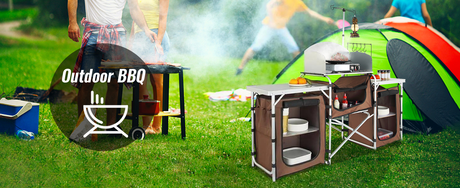 VEVOR Camping Kitchen Table, Folding Outdoor Cooking Table with Storage ...