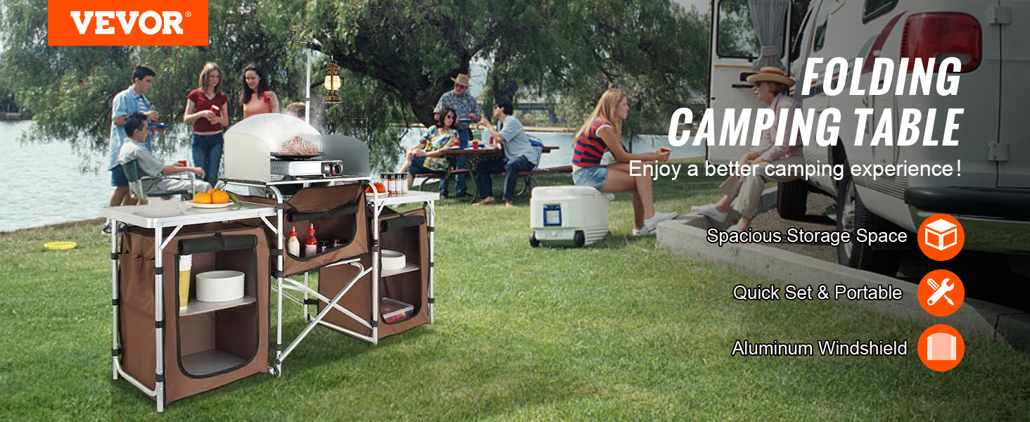 VEVOR Camping Kitchen Table, Folding Outdoor Cooking Table with Storage ...