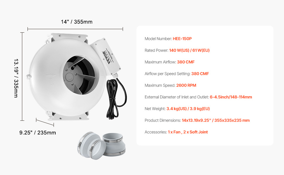 4" to 4.5" Radon Mitigation Fan System Quiet 380 CFM Inline Duct Fan ...