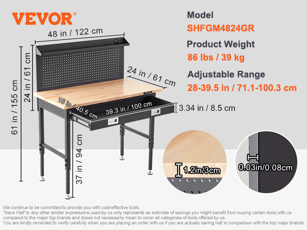 VEVOR Workbench Adjustable Height 28-39.5" Work Bench For Garage Oak ...