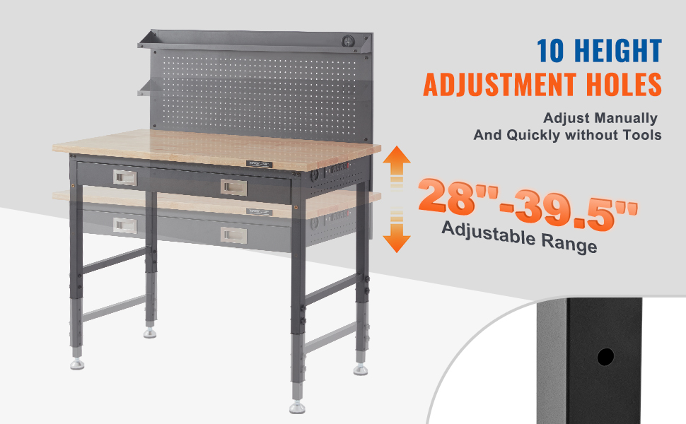 VEVOR Workbench Adjustable Height 28-39.5" Work Bench For Garage Oak ...
