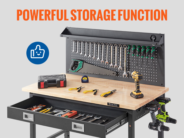 VEVOR Workbench Adjustable Height 28-39.5" Work Bench For Garage Oak Plank & Carbon Steel Heavy ...