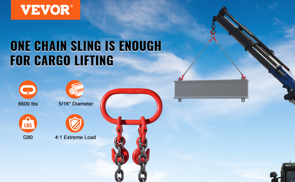 VEVOR 5/16" x 6' Chain Sling 2 Legs G80 Lifting Chain with Grab Hooks ...