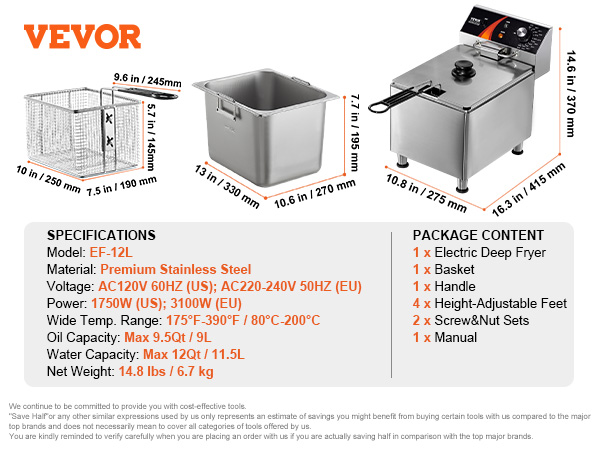 VEVOR Commercial Electric Deep Fryer Countertop Deep Fryer 1750W 12Qt ...