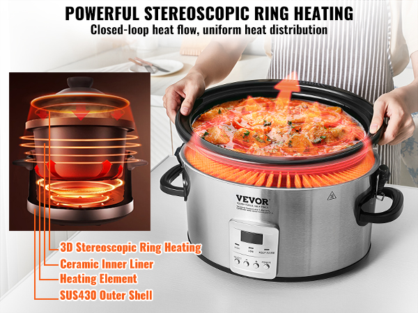 VEVOR Slow Cooker, 6QT 240W Electric Slow Cooker Pot with 3-Level Heat ...