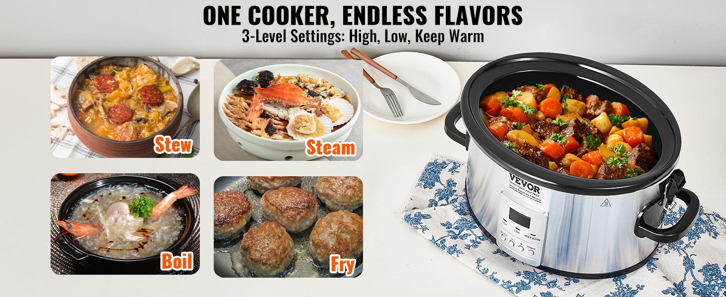 VEVOR Slow Cooker, 8QT 320W Electric Slow Cooker Pot with 3-Level Heat ...
