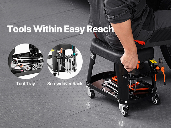 Mechanic Stool Rolling Workshop Seat 300 lbs Load with Wheels & Tool ...