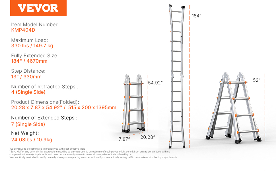 VEVOR Telescoping Ladder A Frame 15 FT Extension Multi-Function for ...