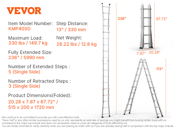 VEVOR Telescoping Ladder A Frame 20FT / 5990 mm Extension Multi ...