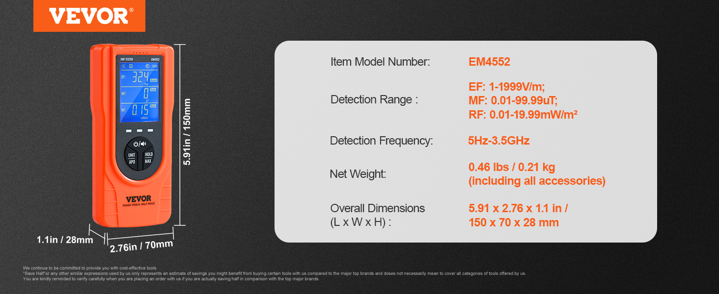VEVOR Digital LCD 3-in-1 EMF Meter Electromagnetic Radiation Detector ...
