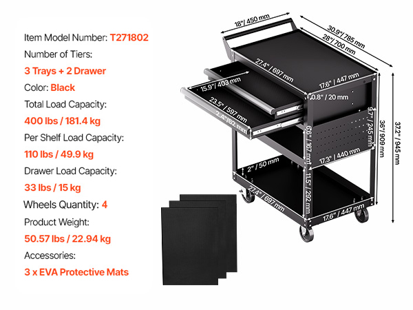 VEVOR 5-Tier Tool Cart on Wheels 400 lb Rolling Work Cart with Drawer ...