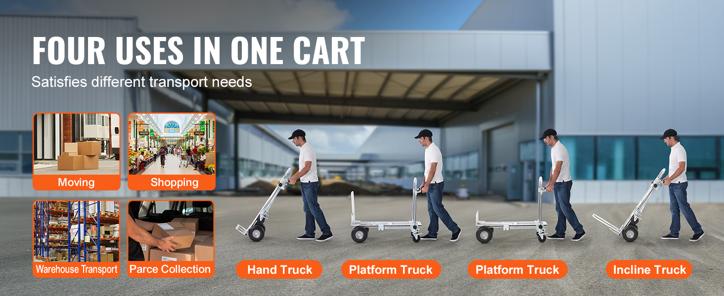 VEVOR Aluminum Hand Truck, 4 in 1, 454 kg Max Load Capacity, Heavy Duty ...