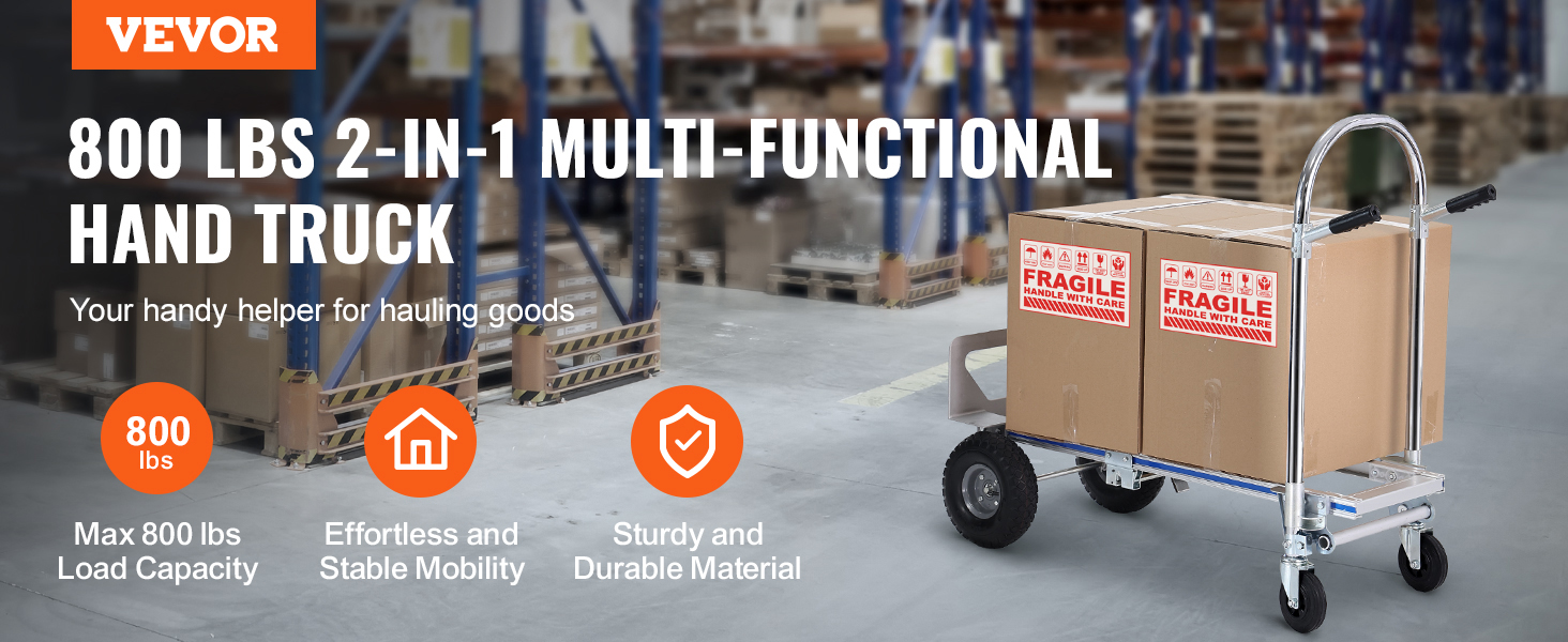 VEVOR Aluminum Hand Truck, 2 in 1, 800 lbs Load Capacity, Heavy Duty ...