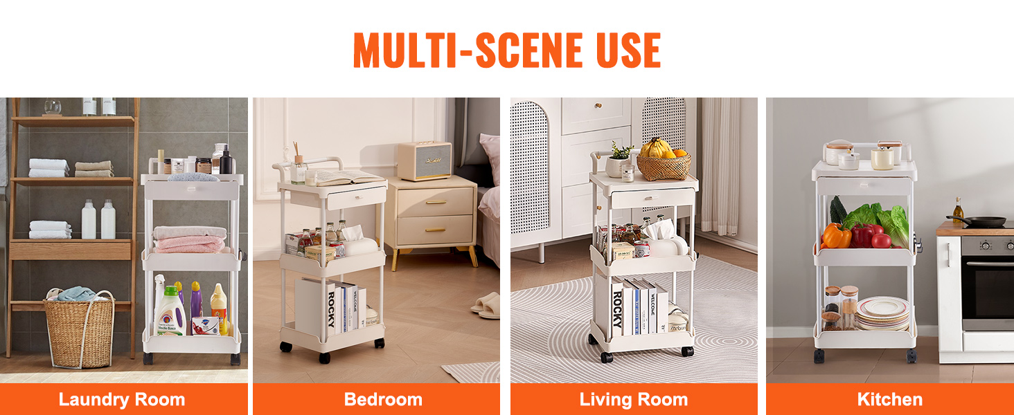VEVOR 3-Tier Rolling Utility Cart with Drawer, Kitchen Cart with ...