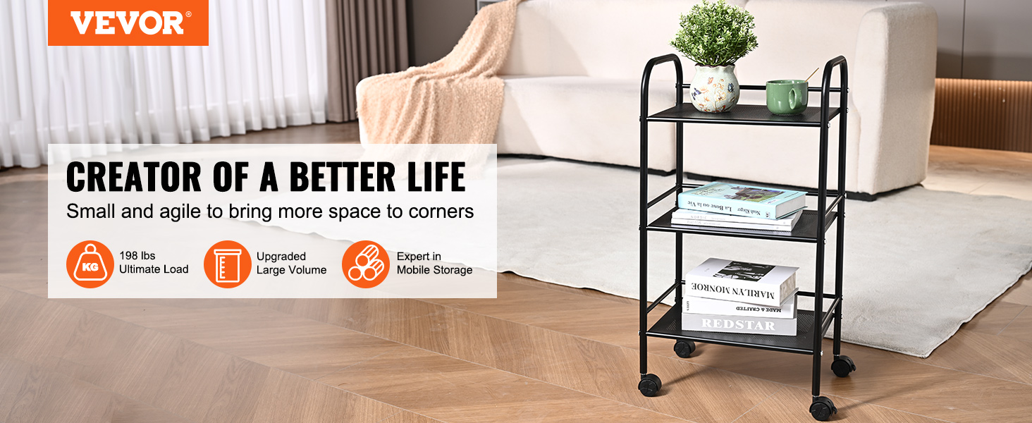 VEVOR 3-Tier Metal Rolling Cart, Heavy Duty Utility Cart with Lockable ...
