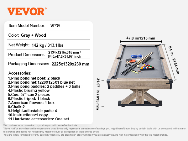 VEVOR Billiards Table Combo Set, 7ft 3-in-1 Multi Game Table with ...