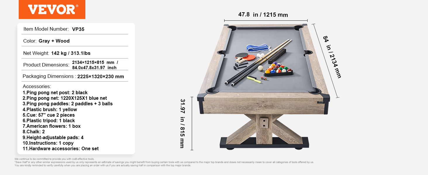 VEVOR Billiards Table Combo Set, 7ft 3-in-1 Multi Game Table with ...