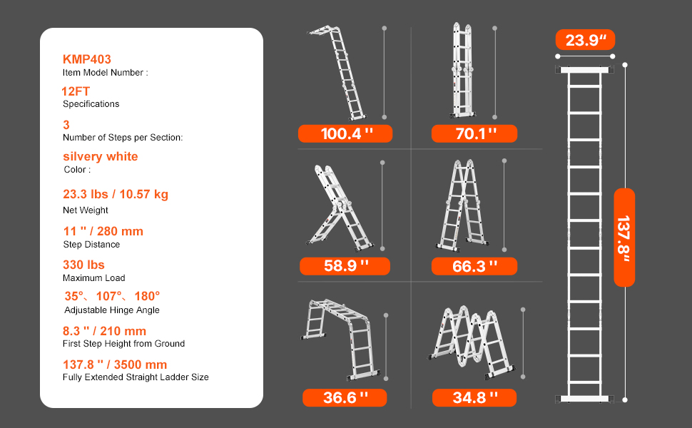 Multi-Purpose Folding Ladder 7-in-1 3 Step 12ft Reach Height for Work ...
