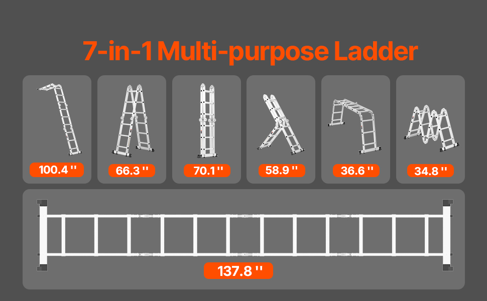 Multi-Purpose Folding Ladder 7-in-1 3 Step 12ft Reach Height for Work ...