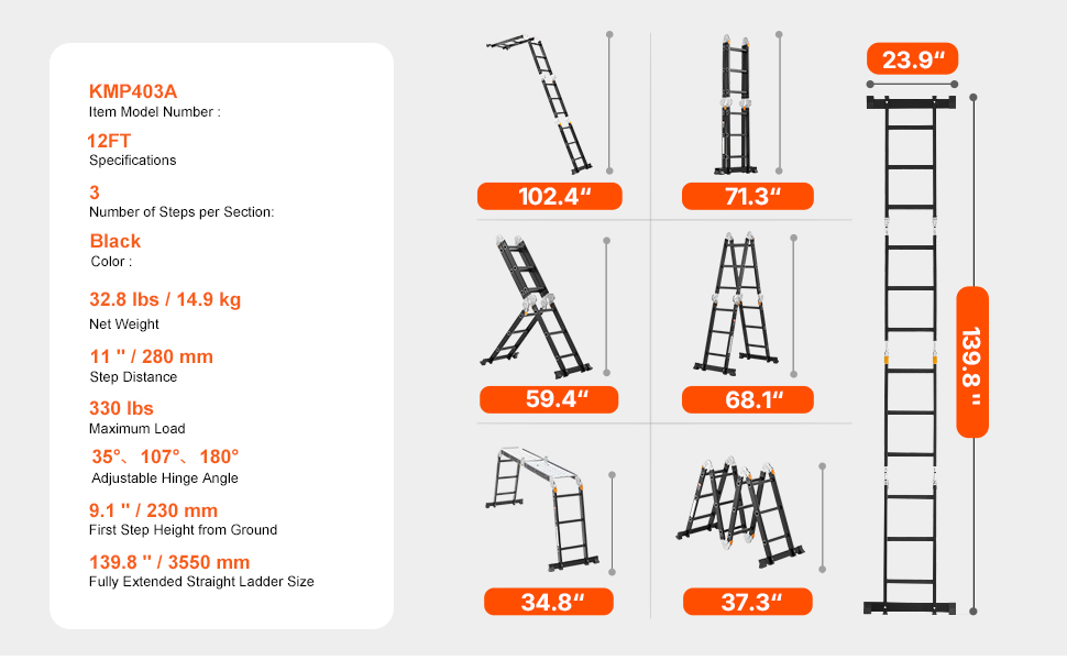 Multi-Purpose Folding Ladder 7-in-1 3 Step 12ft with Scaffolding Plank ...
