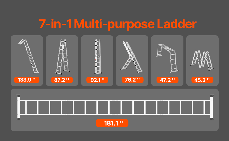 Multi-Purpose Folding Ladder 7-in-1 4 Step 15.5ft Reach Height for Work ...