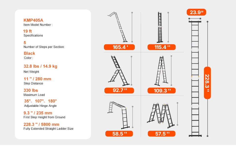 Multi-Purpose Folding Ladder 7-in-1 5 Step 19ft Reach Height for Work ...