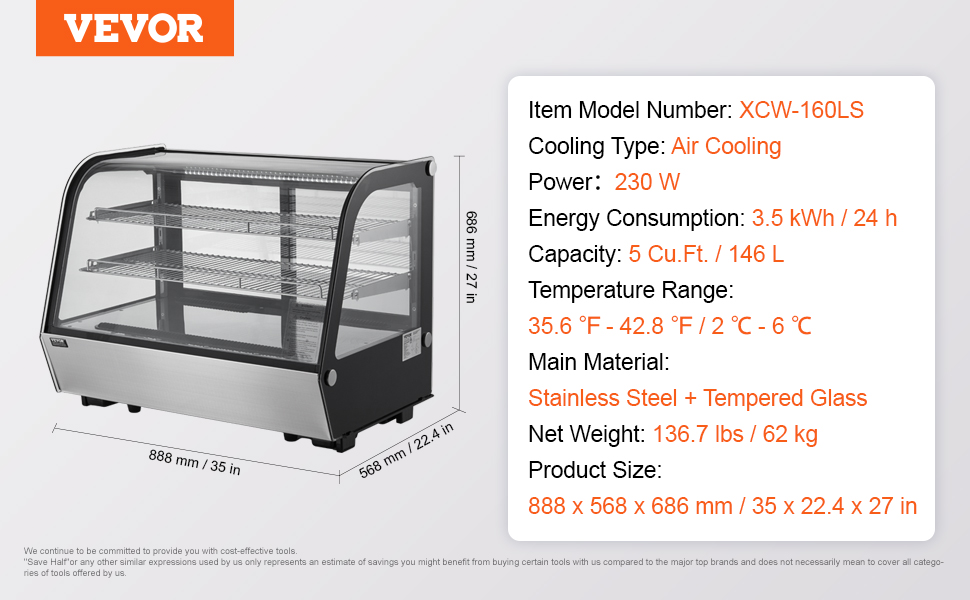 VEVOR Refrigerated Display Case Bakery Display Fridge Case 5 cu ft/146L ...