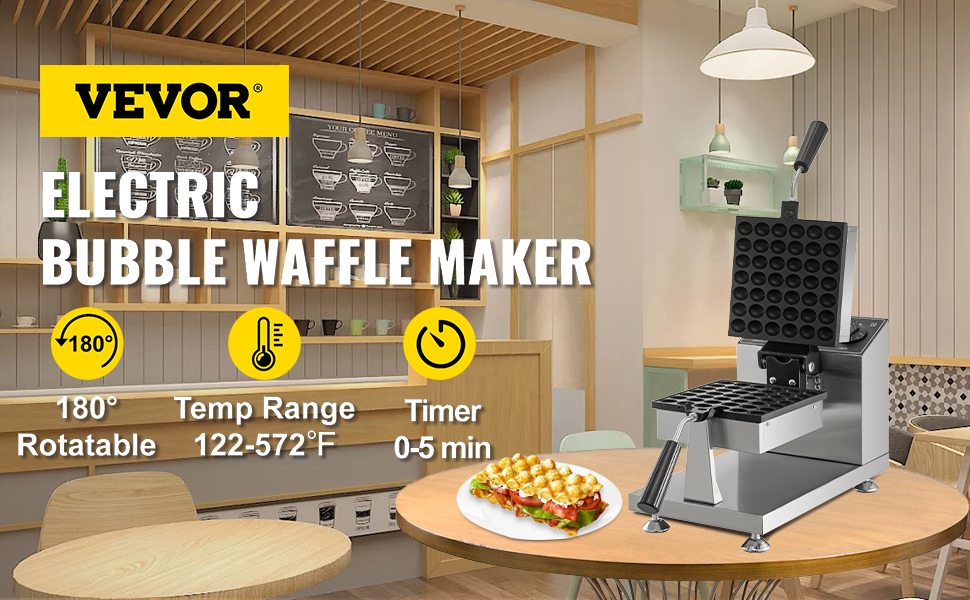 VEVOR Commercial Bubble Waffle Maker, 8" Square Mould, 1200W Egg Bubble ...