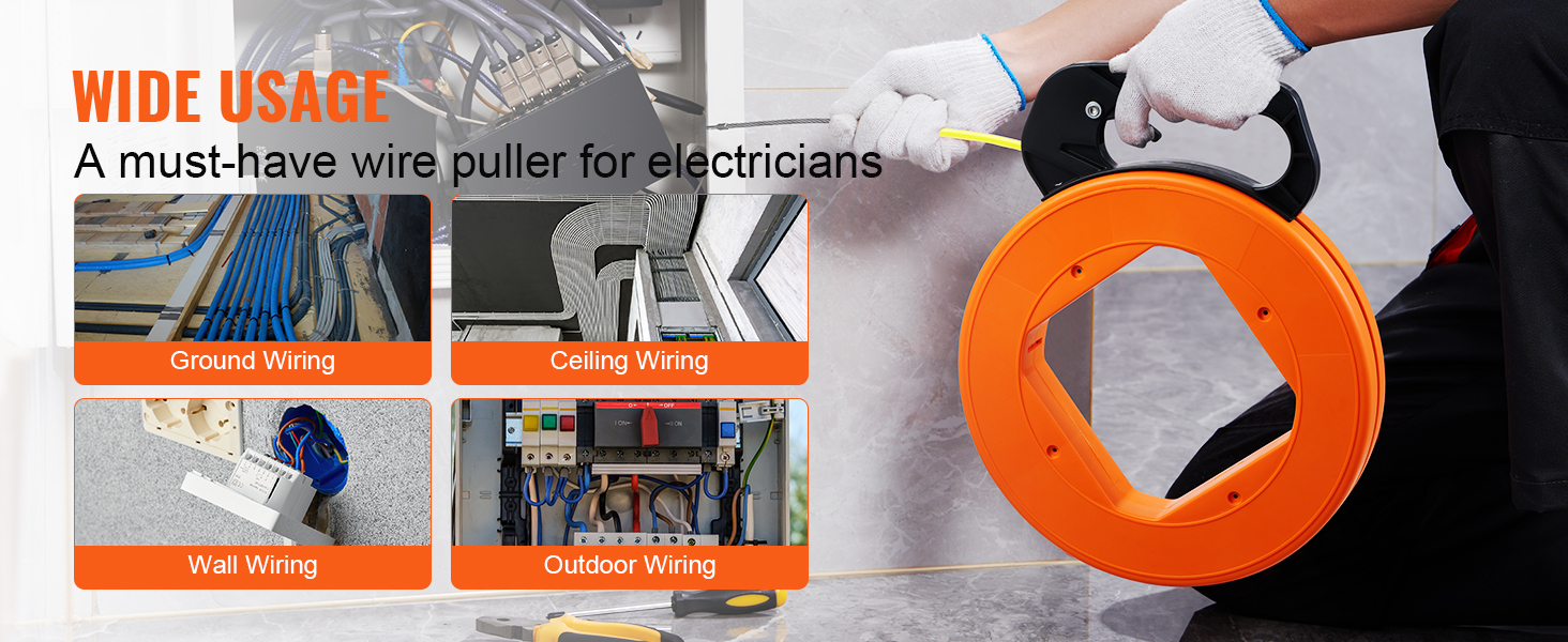 VEVOR Fish Tape Wire Cable Line Puller 200ft 3/16in Fiberglass High ...