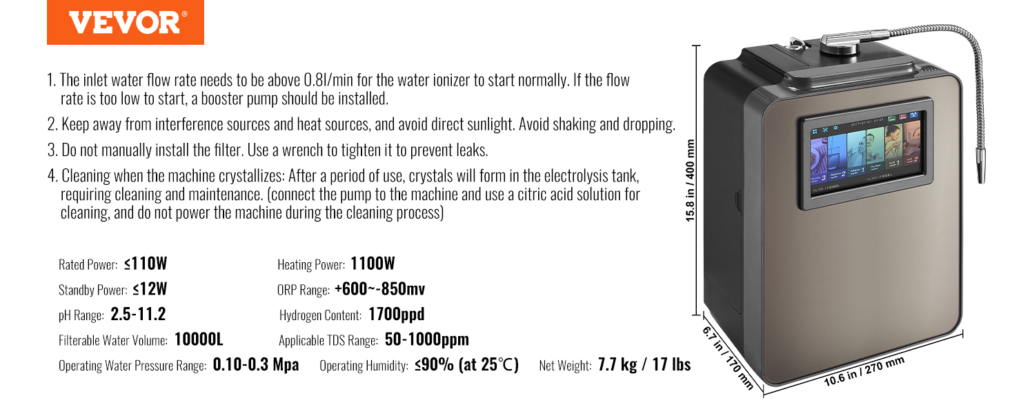 VEVOR Alkaline Water Ionizer Machine, pH 2.5-11.2 Alkaline Acidic ...