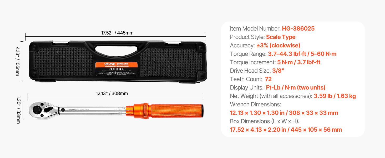 Click Torque Wrench Set 3/8Inch Drive 5-60 N.m / 3.7-44.3 lbf.ft Dual ...