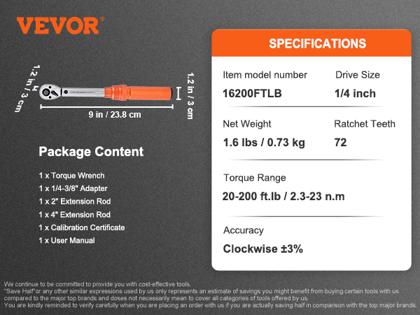 VEVOR Torque Wrench, 1/4-inch Drive Click Torque Wrench 20-200in.lb/3 ...
