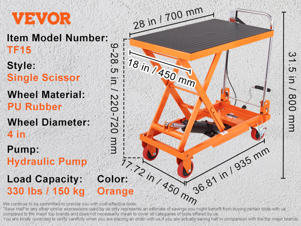 VEVOR Hydraulic Lift Table Cart, 330lbs Capacity 28.5" Lifting Height ...